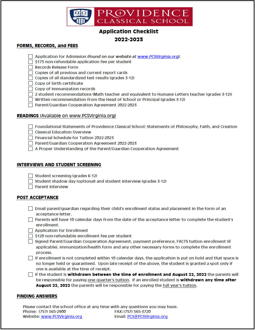 Supplemental Forms - Providence Classical School